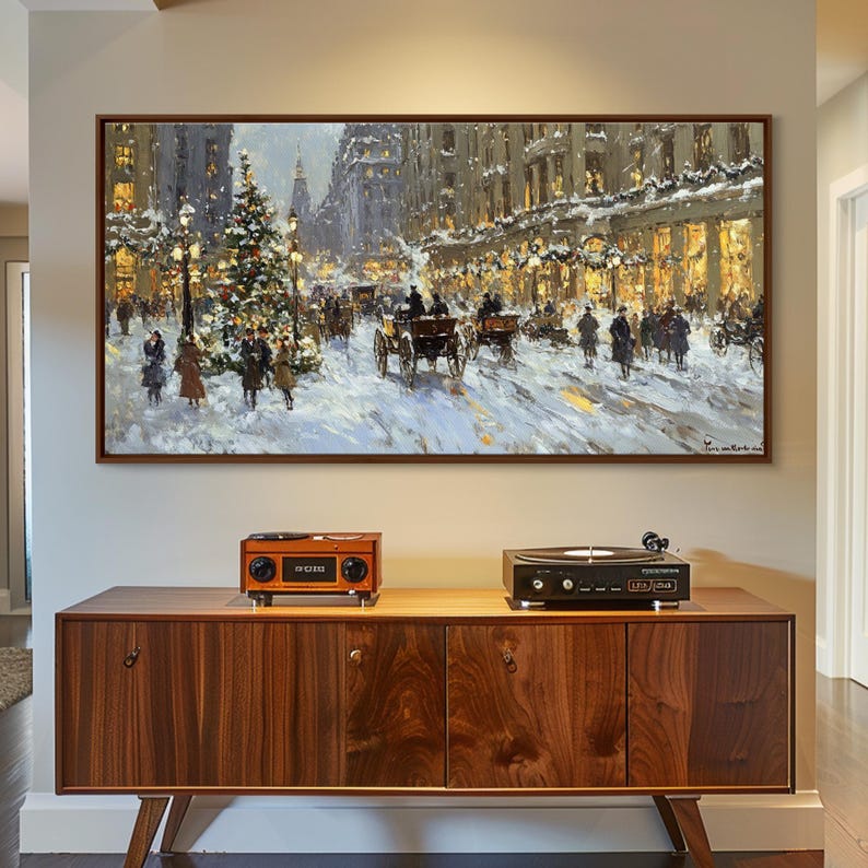 Bustling Christmas Street Scene Tall Art Framed Canvas Print Vintage ...