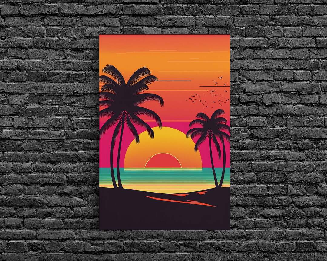 Retro Beach Vibes Palm Trees at Sunset Retrowave Landscape - Etsy