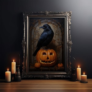 Macabre Crow Atop A Jack O Lantern, Framed Canvas Print, Halloween ...