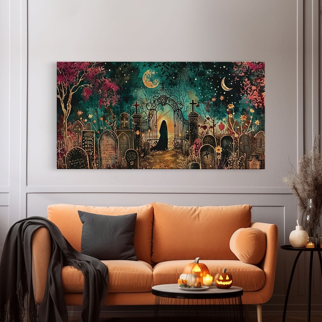 Banshee in the Graveyard, Framed Canvas Print, Halloween Decor, Spooky ...