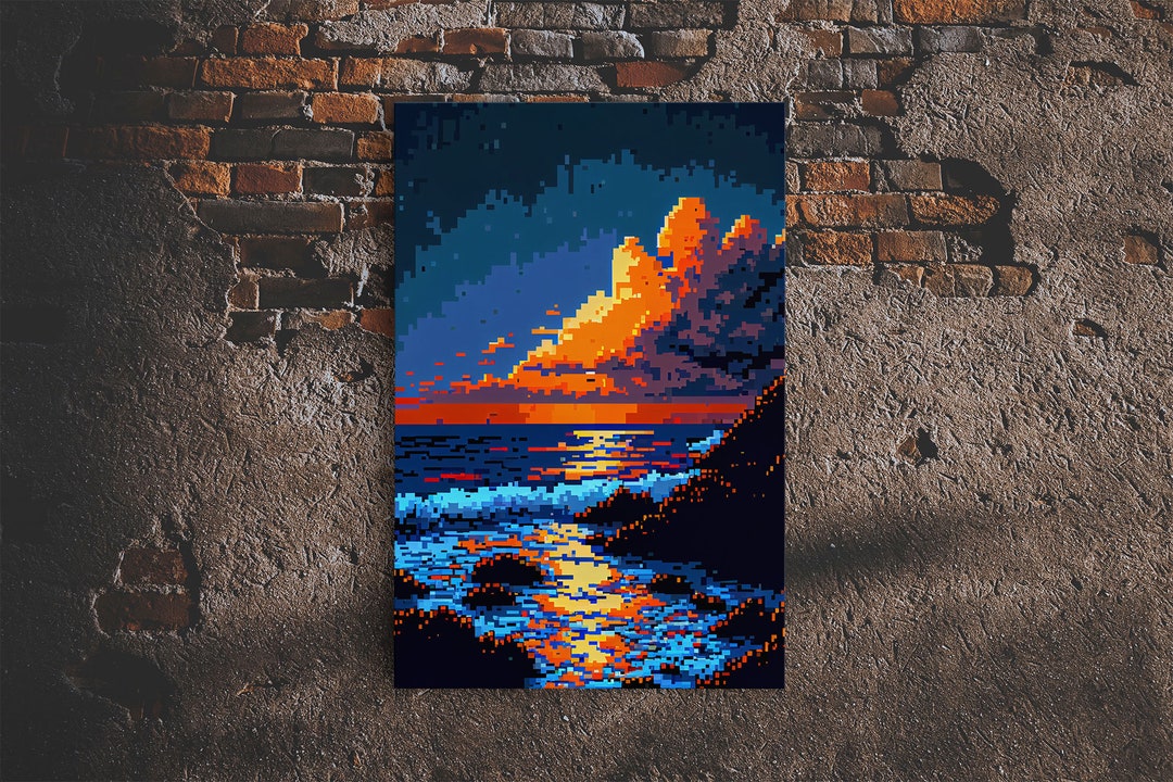 Pixel Art Sunset Obscured by Clouds, Framed Canvas Print, 8 Bit Art - Etsy