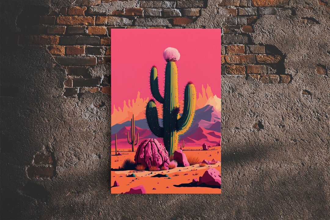 Mexico Cactus Art, Synthwave Pink Art, Framed Canvas Print, Southwest ...