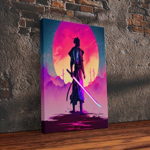 Synthwave Samurai, Cyberpunk Samurai Art, Framed Canvas Print, Ready to ...