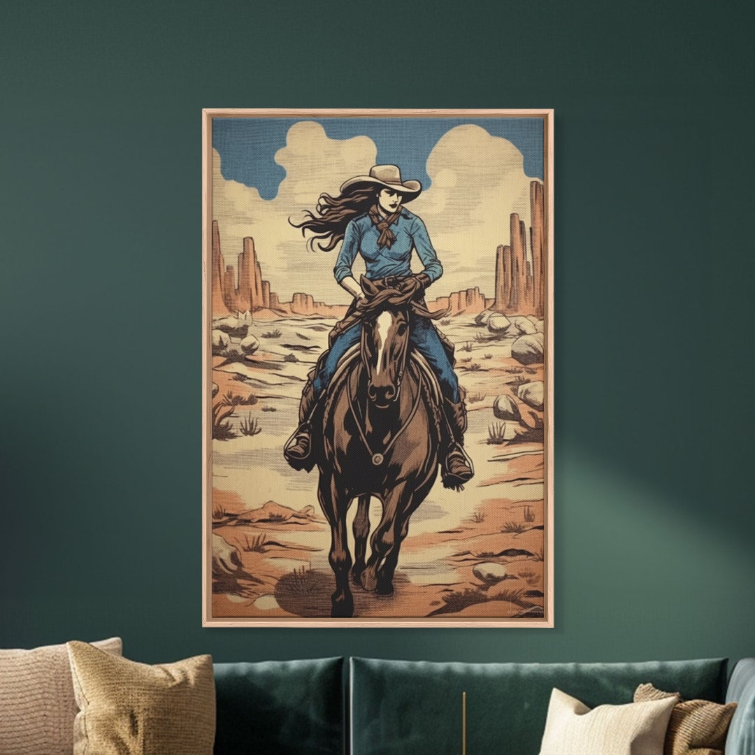 Western Cowgirl Painting Print, Vintage Wall Art, Mid Century Decor ...