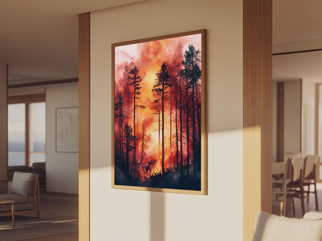 Ready to Hang Watercolor Painting Print of a Forest Fire, Beautiful ...