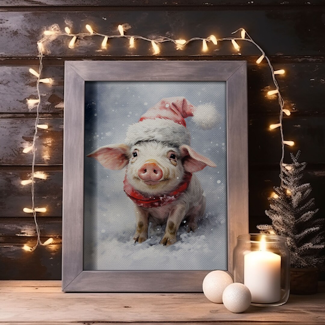 Cute Christmas Pig in A Santa Hat Christmas Art Christmas - Etsy