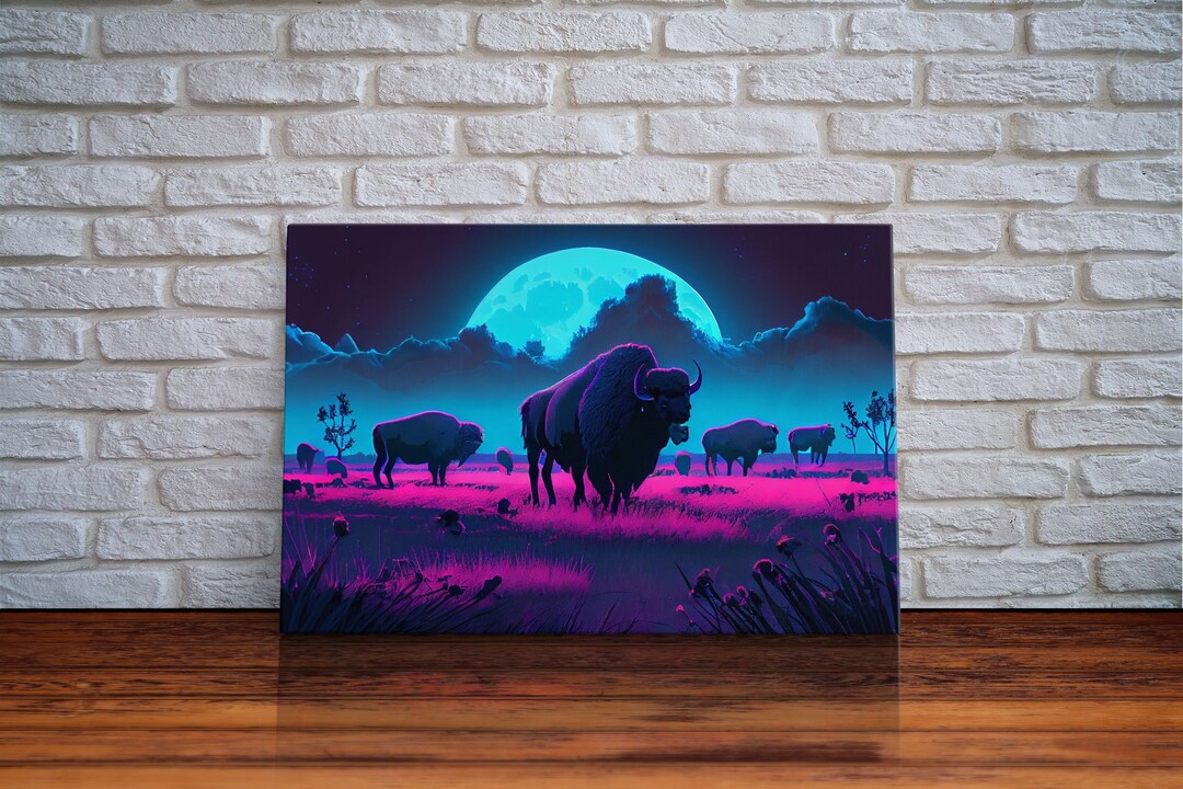 American Buffalo, Retrowave Art, Herd of Bison and a Full Moon, Framed ...