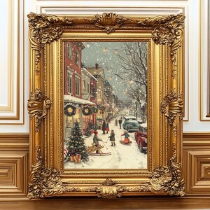 Vintage Christmas Town Scene With Children Playing in Snow, Holiday ...