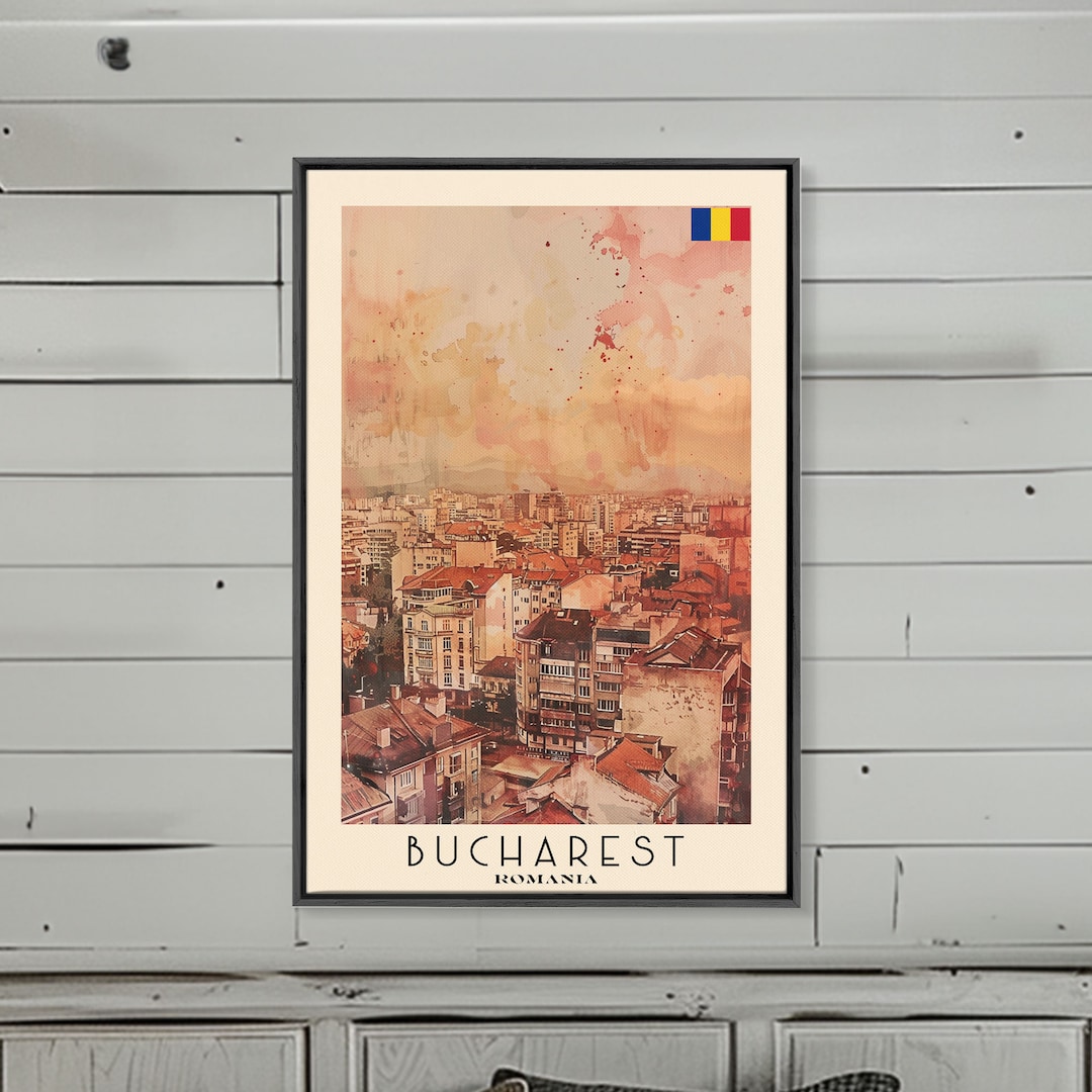 Bucharest Romania Travel Poster Framed Canvas Print, Abstract, Boho ...
