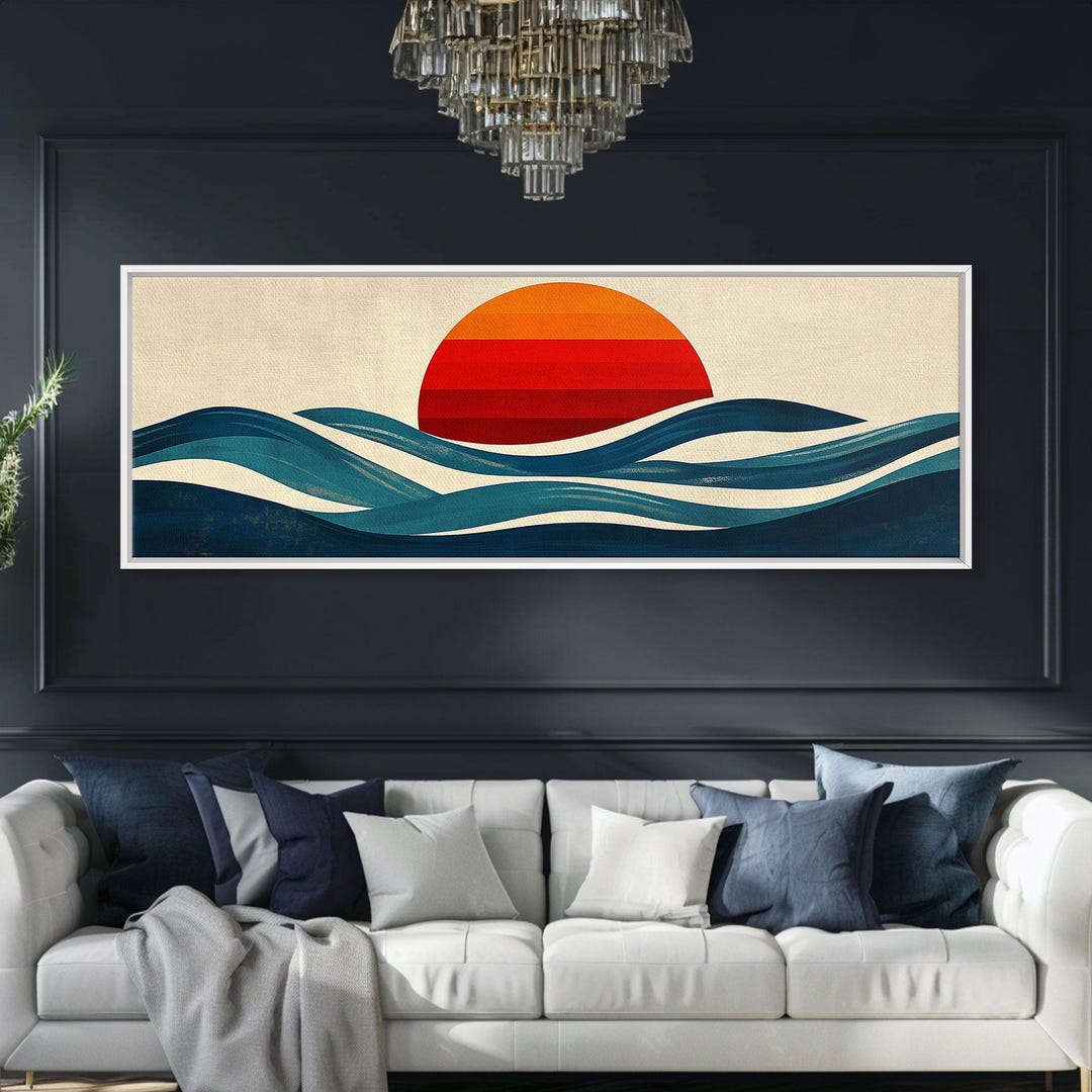 Retro Art Deco Sunset Over the Ocean, Framed Canvas Print, Vector Image ...