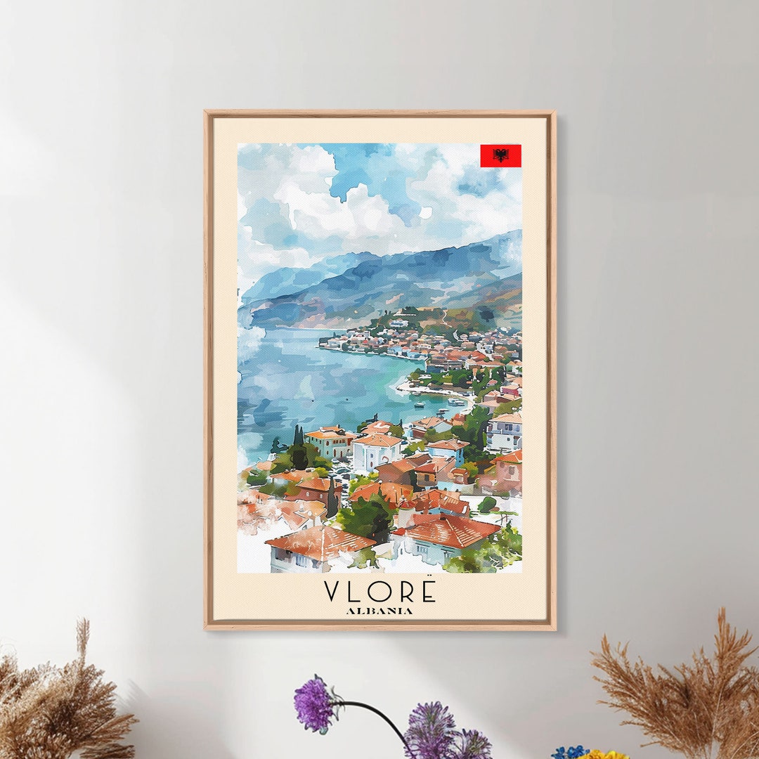 Vlor Albania Travel Poster Framed Canvas Print, Watercolor Painting ...
