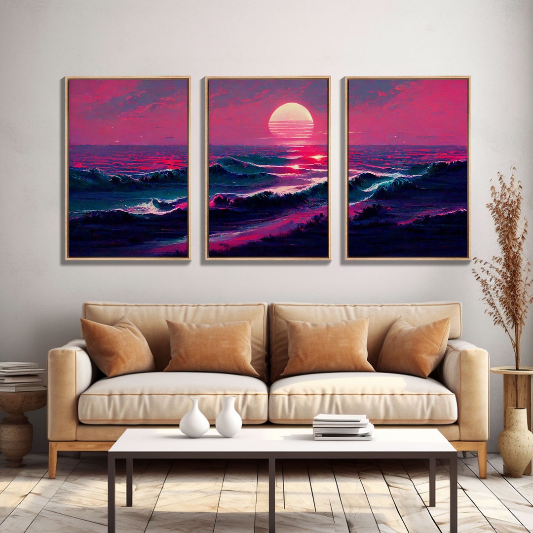 Outrun Style Synthwave Sunset Ocean Waves, 3 Piece Wall Art, Ready to ...