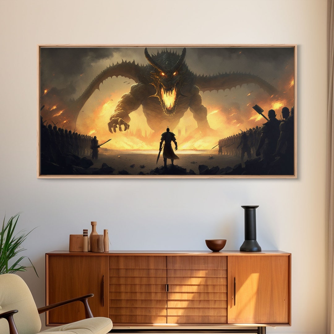 Warrior Facing Down a Dragon, Framed Canvas Print, Unique Fantasy Wall ...