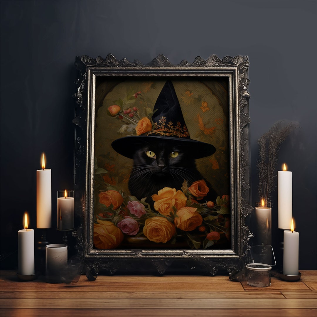 Cute Witch's Familiar Cat Halloween Art, Cat Witch, Cat Painting, Cute ...