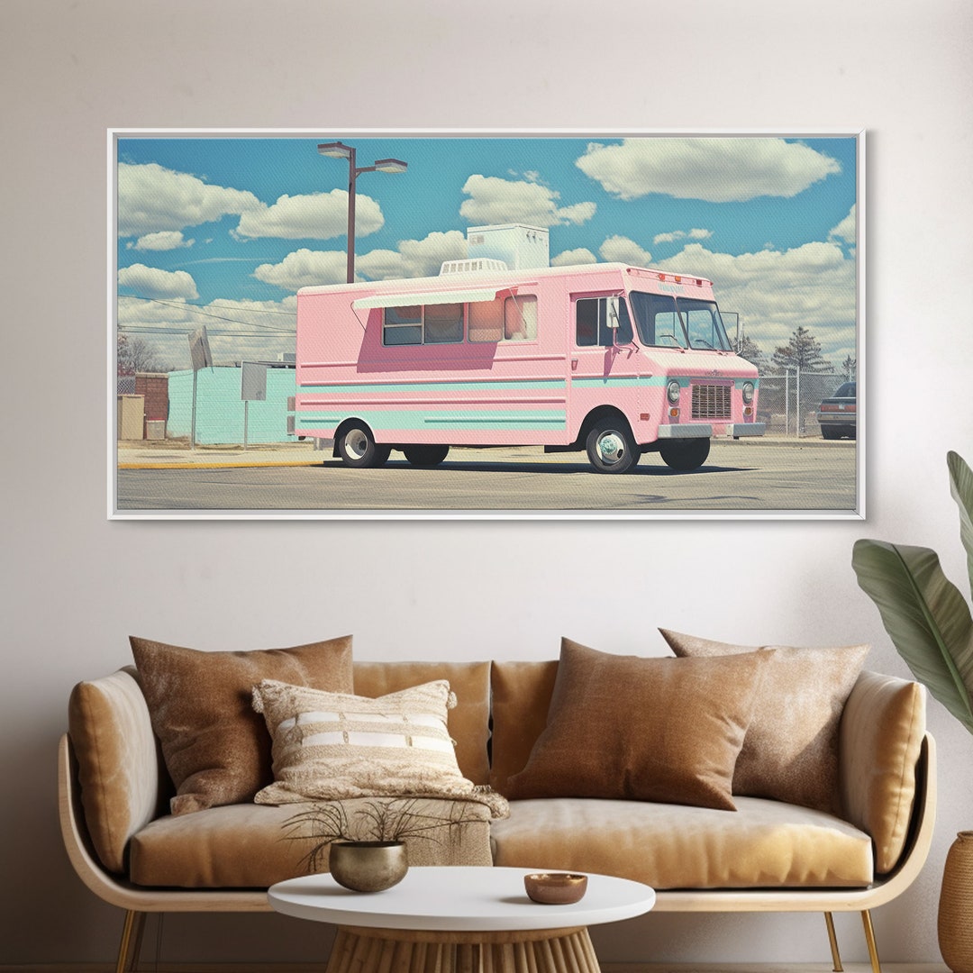 Retro Vaporwave Ice Cream Truck, Framed Canvas Print, Vintage Style ...