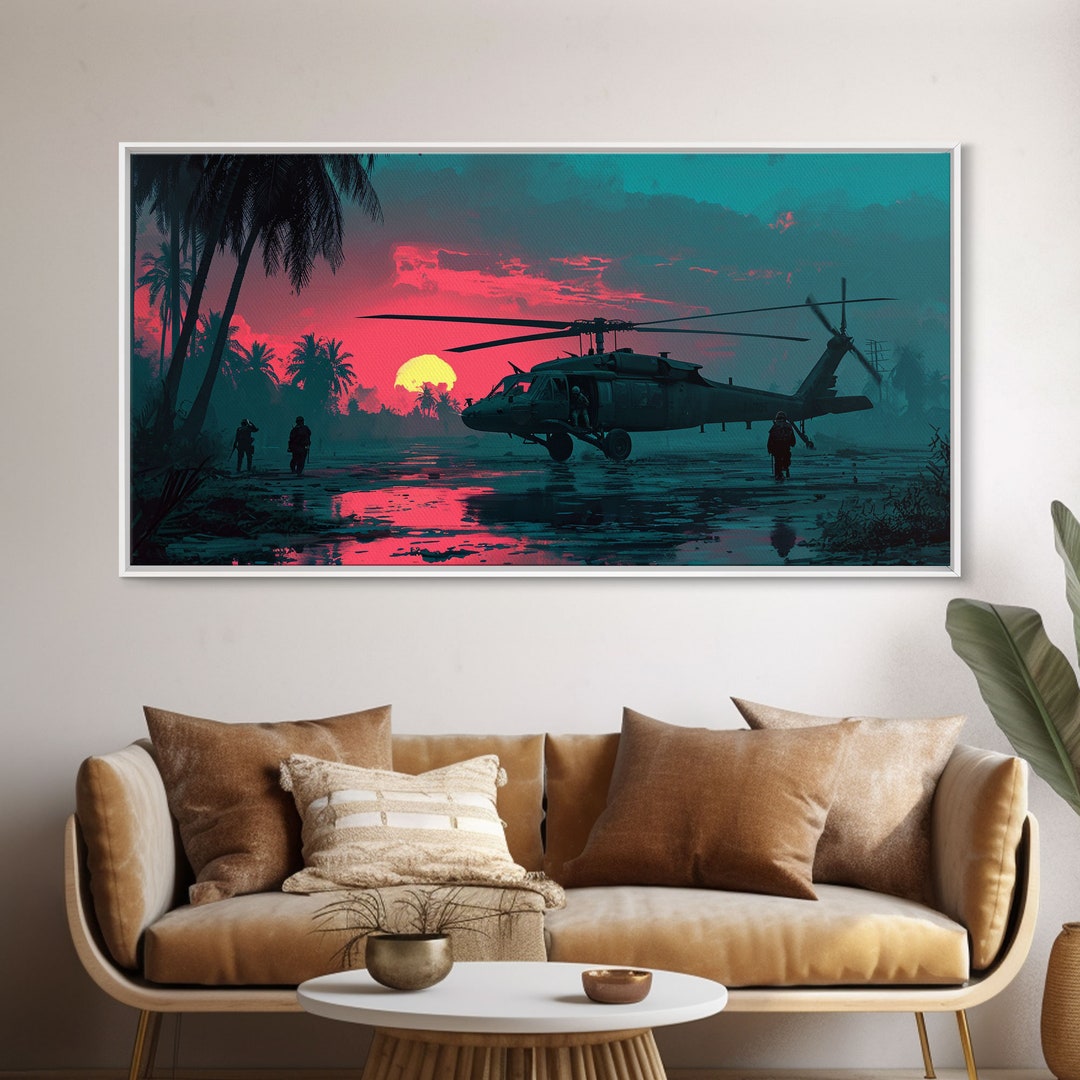 Blackhawk Helicopter Synthwave Sunset - Framed Canvas Print - Operator ...