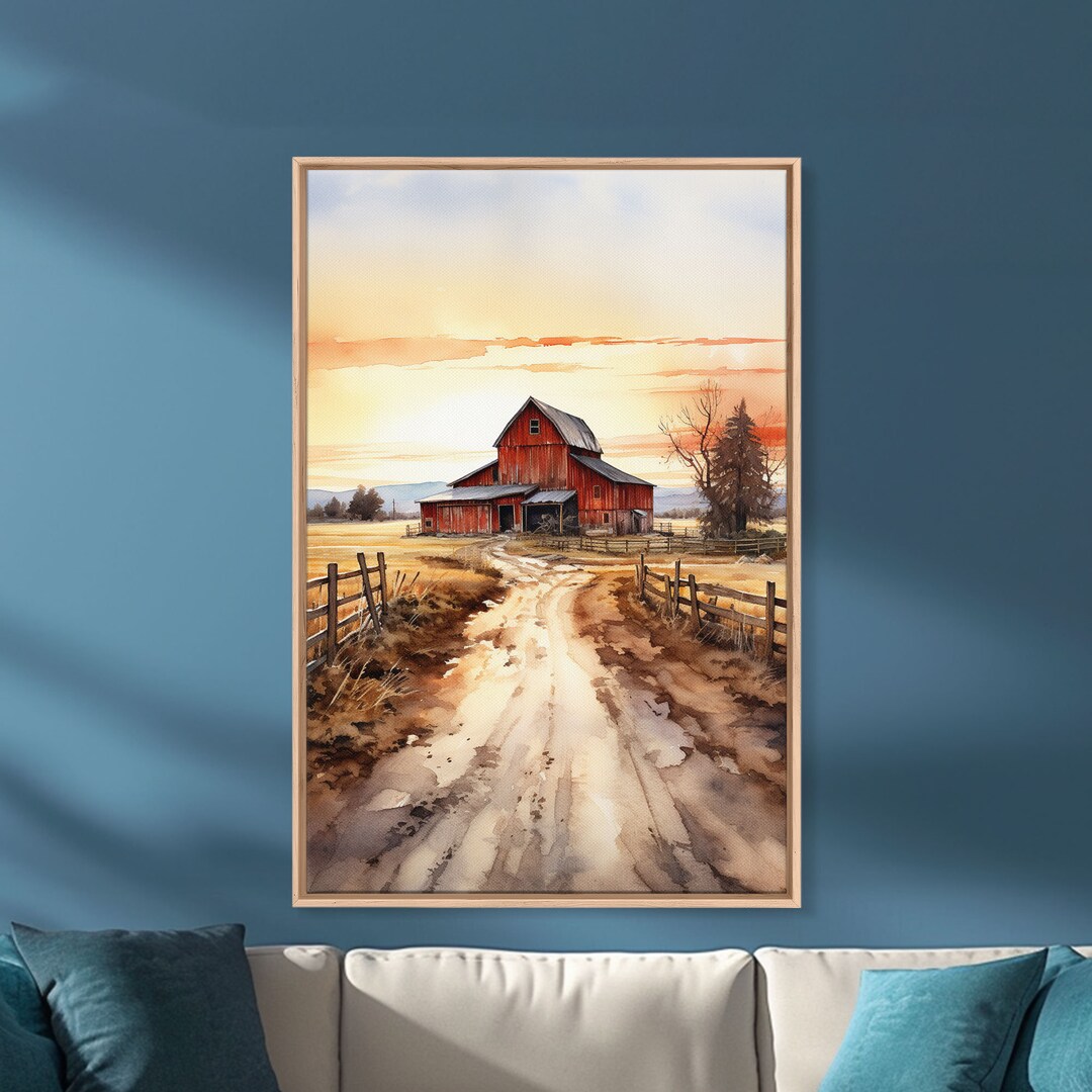 Sunset Over A Red Barn, Watercolor Painting Canvas Print, Country ...