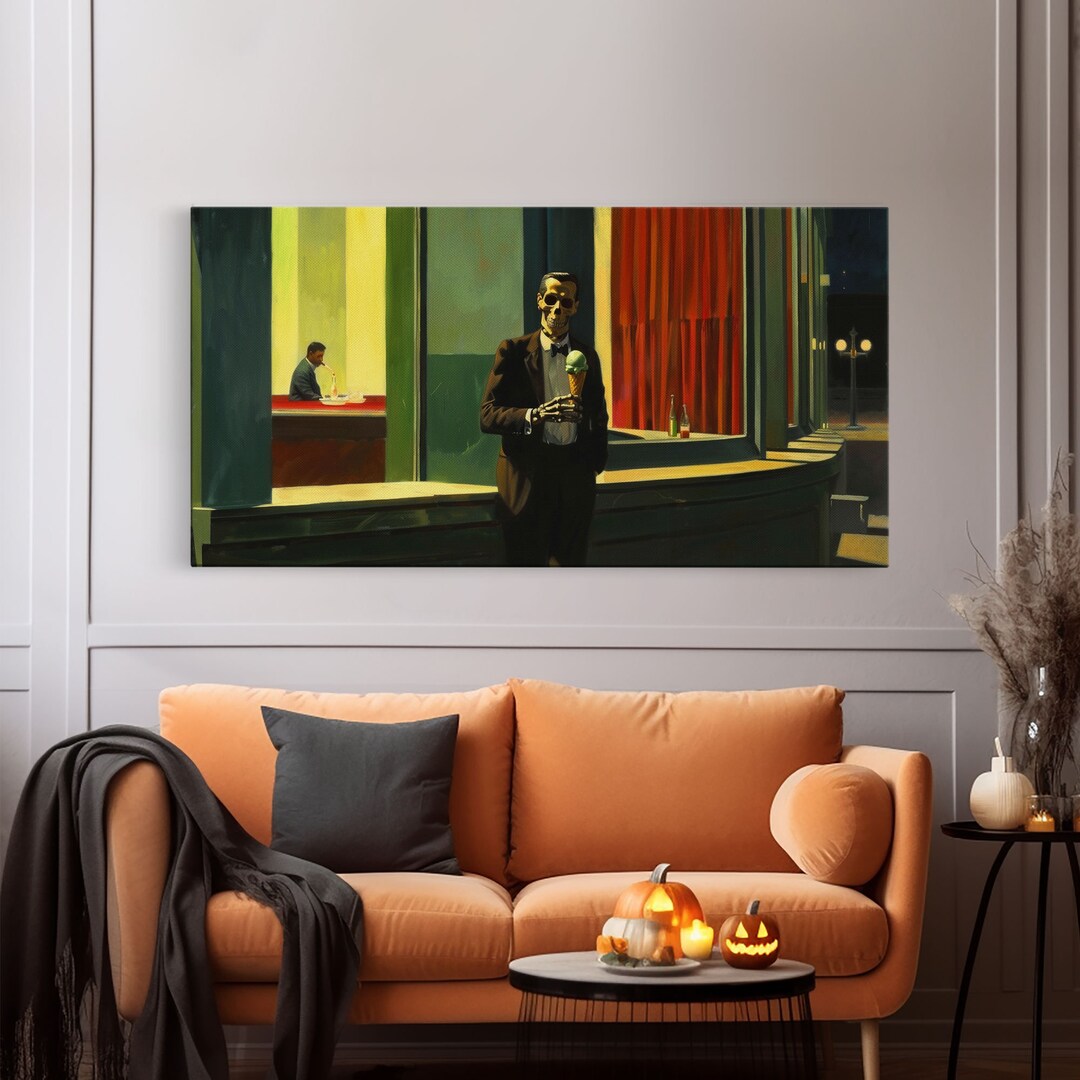 Liminal Halloween Art, Skeleton Having an Ice Cream Cone, Framed Canvas ...