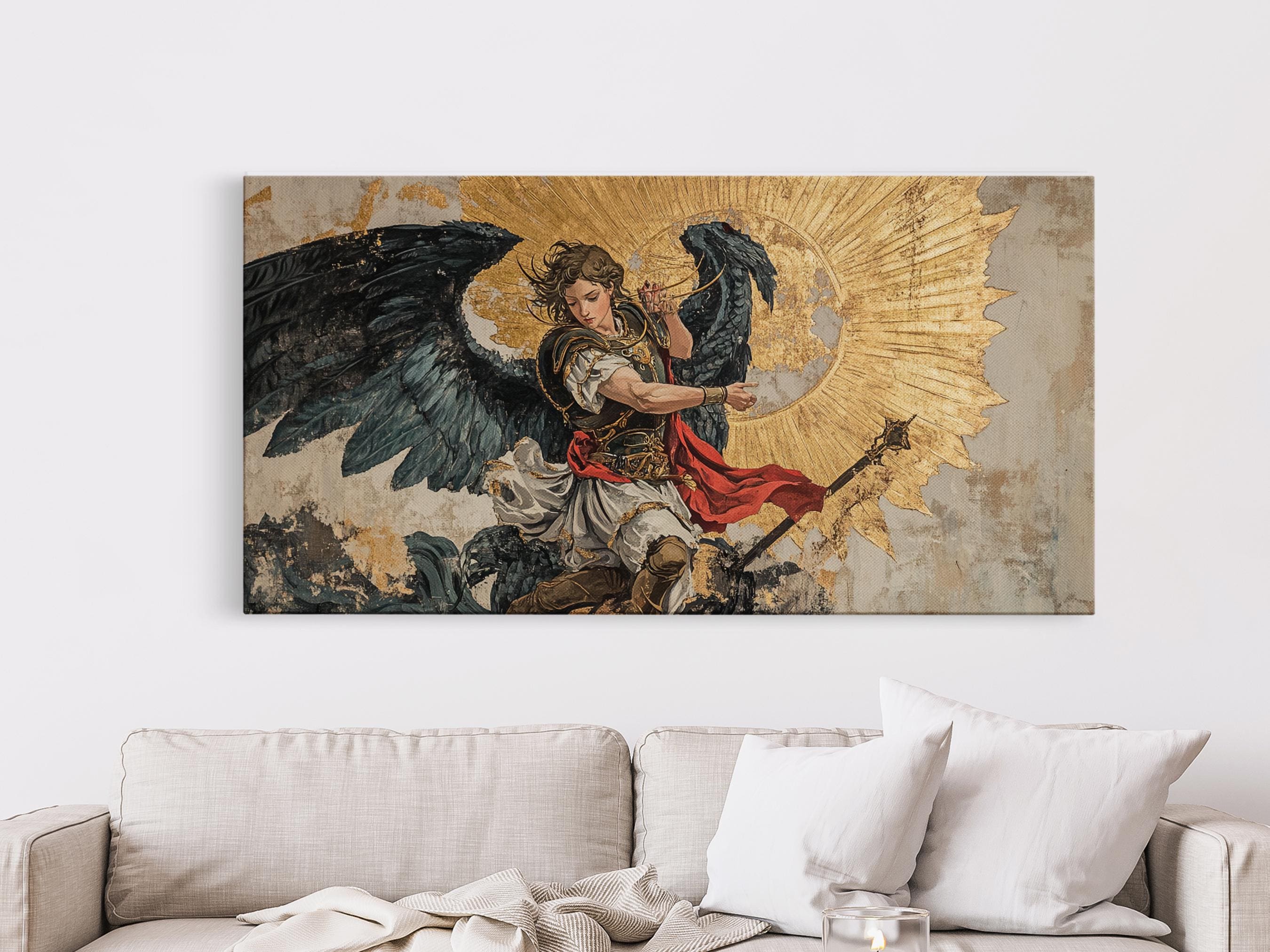 Saint Michael Defeating the Dragon Nihonga Style Framed Canvas Print ...