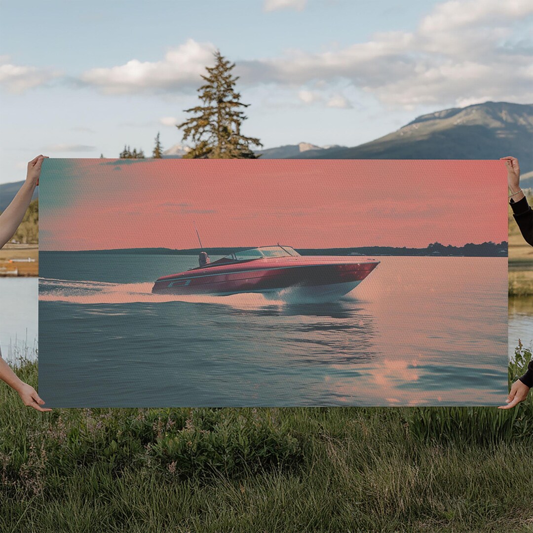 Vaporwave Pink Speed Boat Decor, Nautical Framed Canvas Print, Eclectic ...