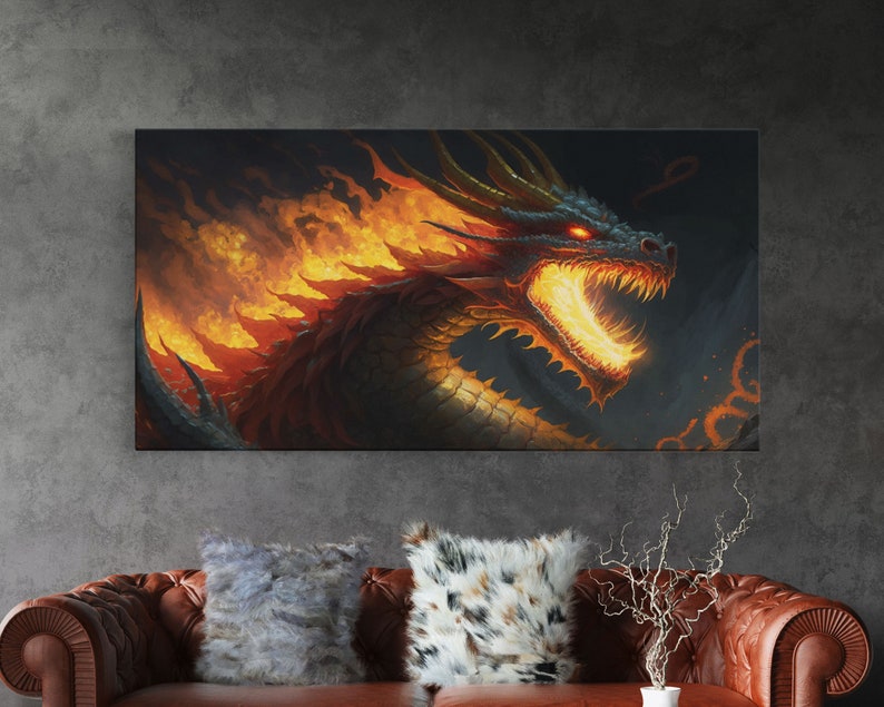 Fire Breathing Horned Dragon Framed Canvas Print Colorful - Etsy