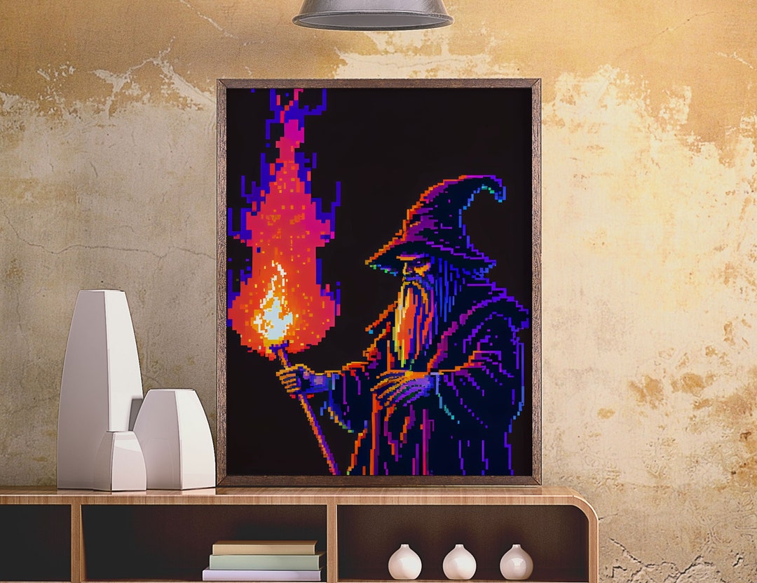 Angry Old Wizard Fire Scepter Gamer Fine Art Print, Wall Decor, Wall ...