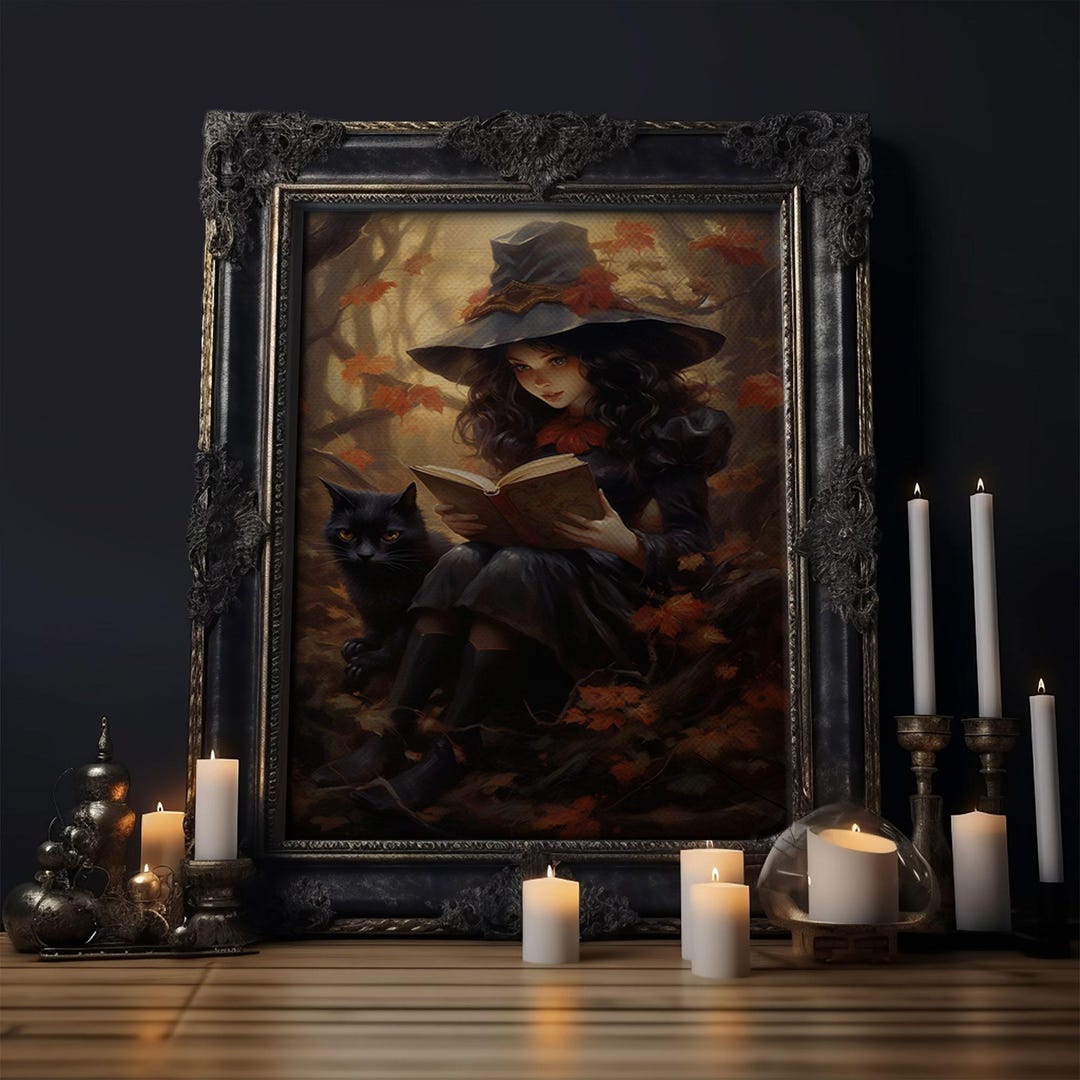 Cute Little Witch Reading Spells to Her Black Cat Familiar, Vintage ...