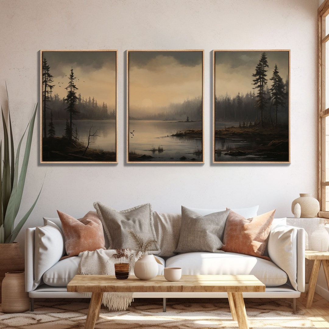 Moody 3 Piece Canvas Wall Art, Solumn PNW Lake at Sunset, Framed Canvas ...