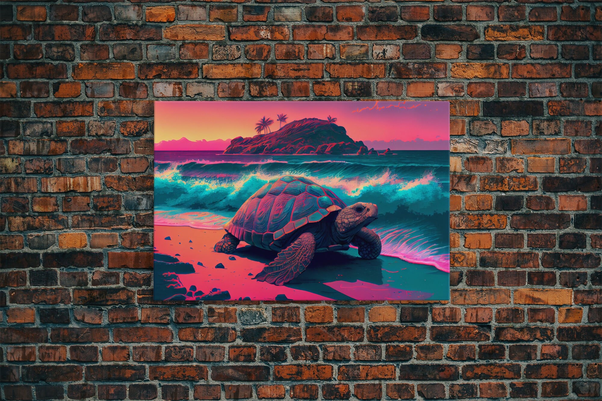 Sea Turtle Fighting the Waves Framed Canvas Art Synthwave - Etsy