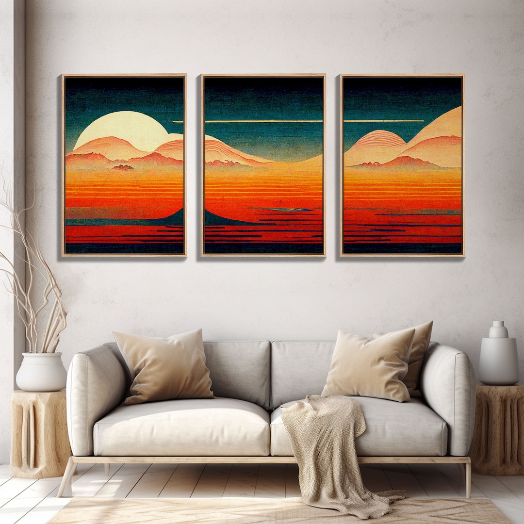Retro Japanese Style Sunset Art, A Storm Torrent, 3 Piece Wall Art ...