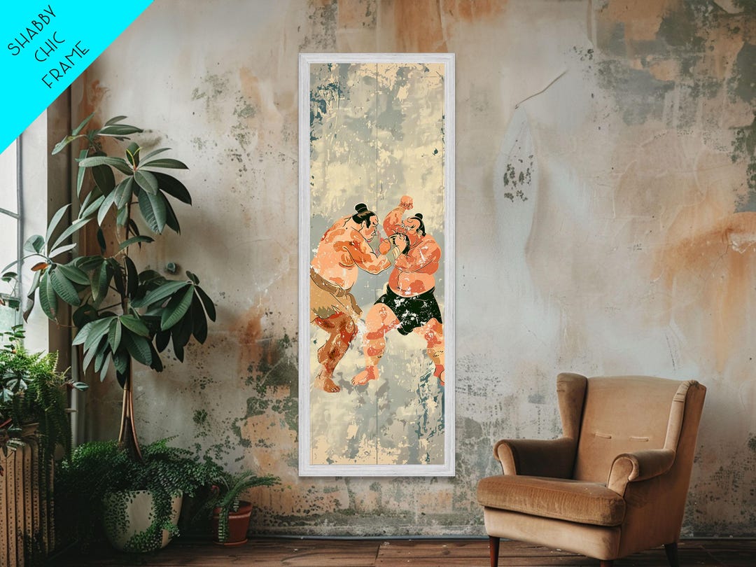 Sumo Wrestlers in Action Skinny Ukiyo-e Art Tall Framed Canvas Print ...