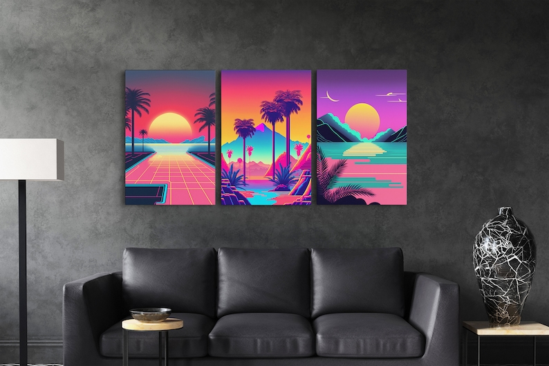 Retro 80s Style Art 3 Panel Framed Canvas Prints Canvas Wall - Etsy