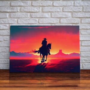 The Sunset Ride, Wild West Cowboy Art, Retro Style Western Decor, Framed Canvas Print - Etsy