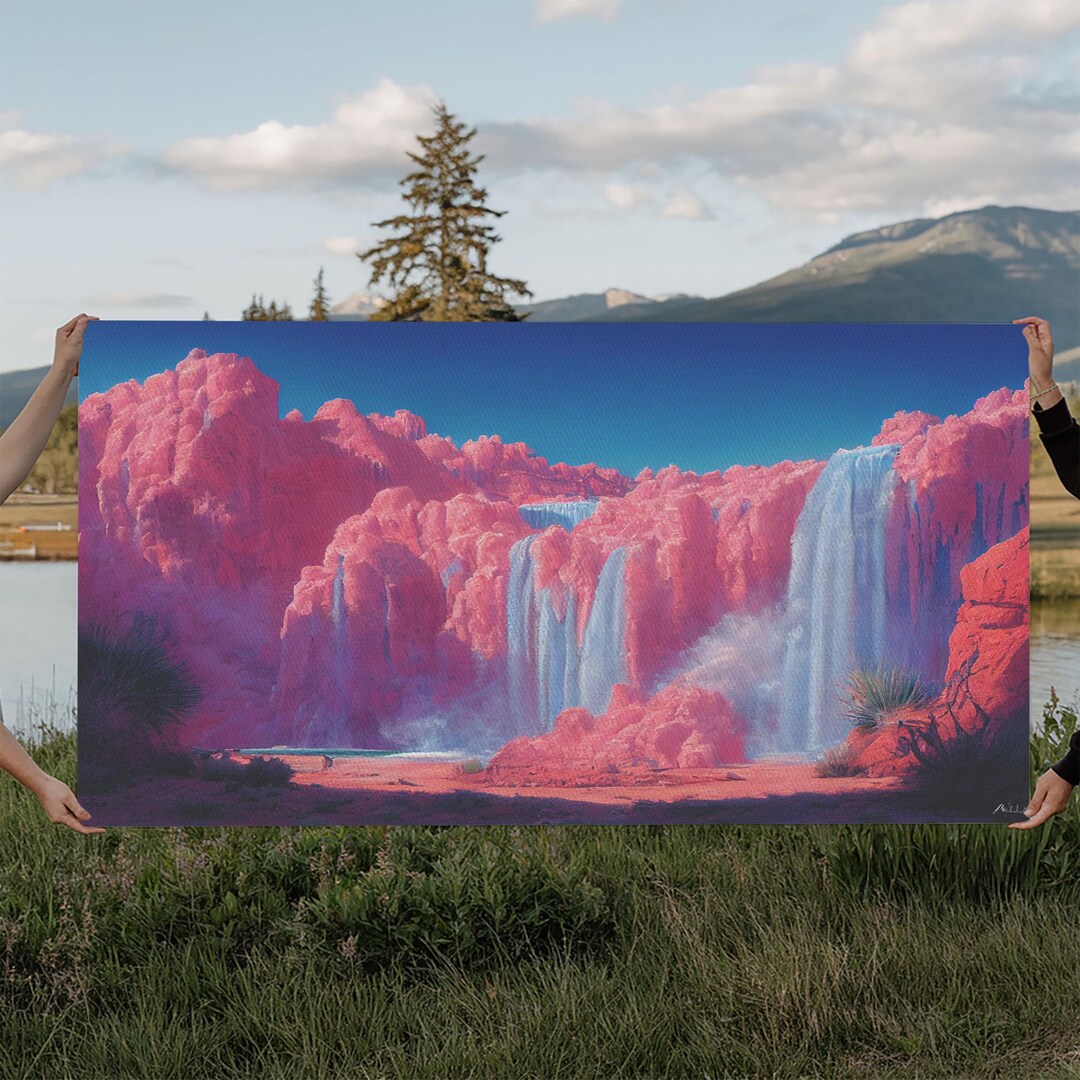 Psychedelic Pink Waterfall Art, Wall Decor, Ready to Hang Framed Canvas ...