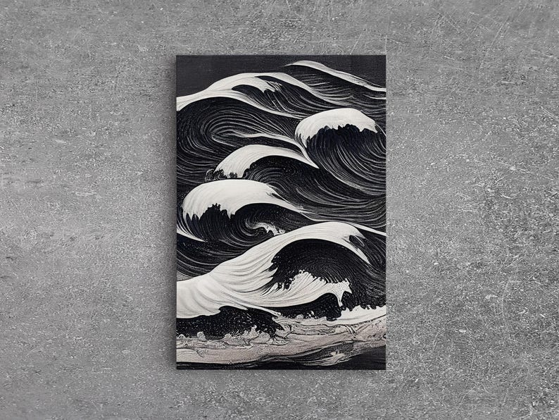 Black and White Tidal Waves, Japanese Style Art, Framed Canvas Print ...