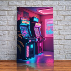 Retrowave Arcade Room, Neon Gamer Art, Framed Canvas Print, Framed Wall ...