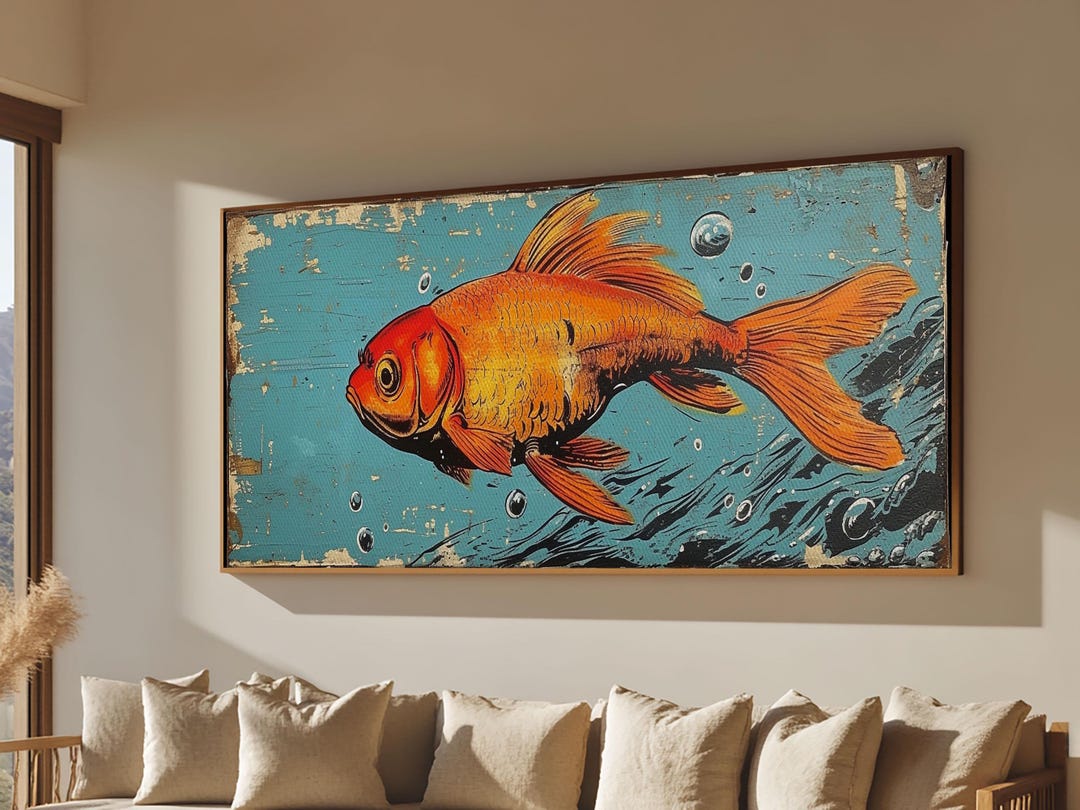 Retro 80s Style Painting of a Gold Fish, Framed Canvas Print, Home ...