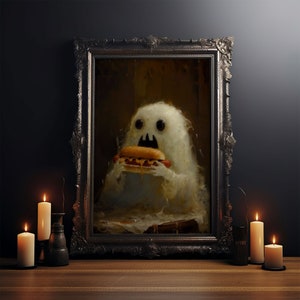 Cute Ghost Chompin on A Hot Dog, Ghostly Hot Dog Thief, Framed Canvas ...