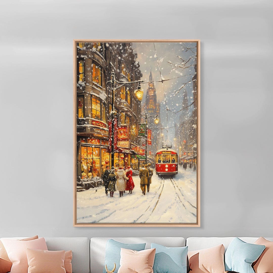 Vintage Snowy Christmas Street Scene With Trolley Framed Canvas Print ...