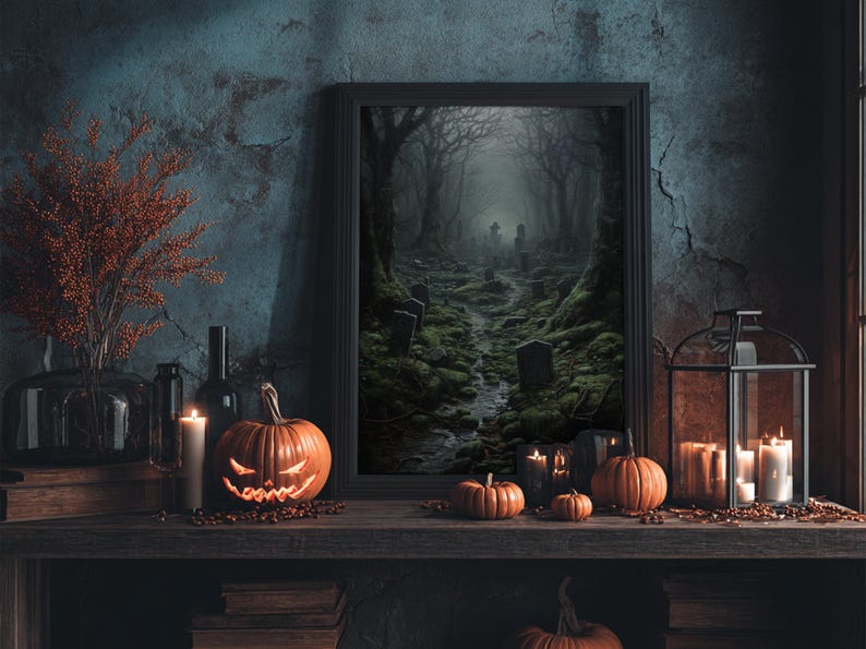 Haunted Cemetery, Macabre Halloween Art, Dark Arts, Framed Canvas Print ...