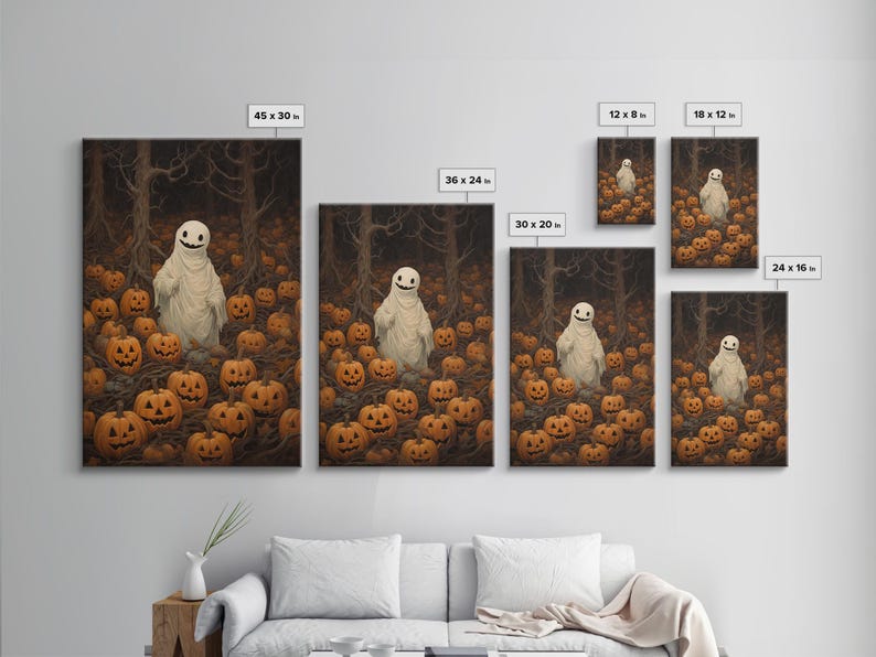 Fall Omens - Spooky Ghost in A Pumpkin Patch, Halloween Decor, Fall Art ...