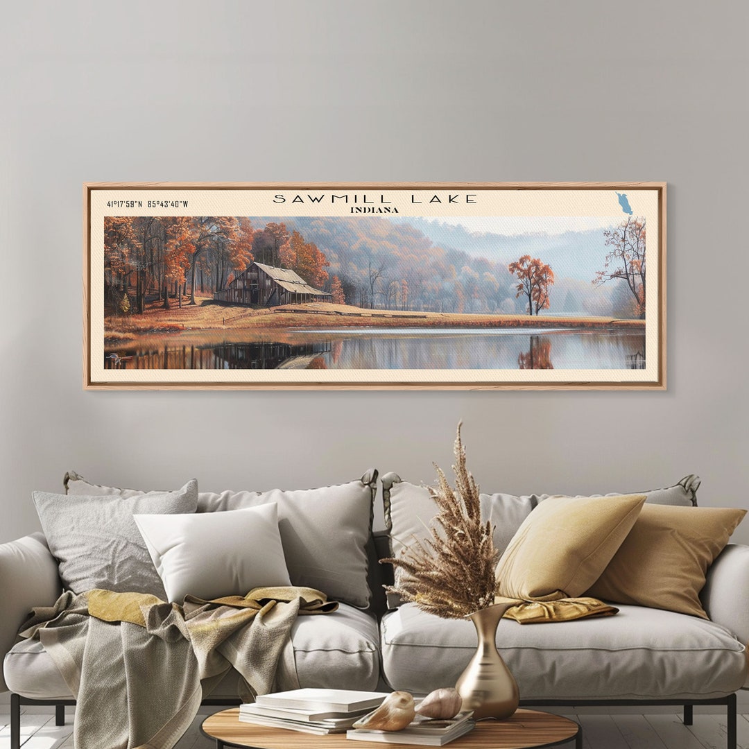 Sawmill Lake Indiana Framed Canvas Print, Lake House Decor, Panoramic ...