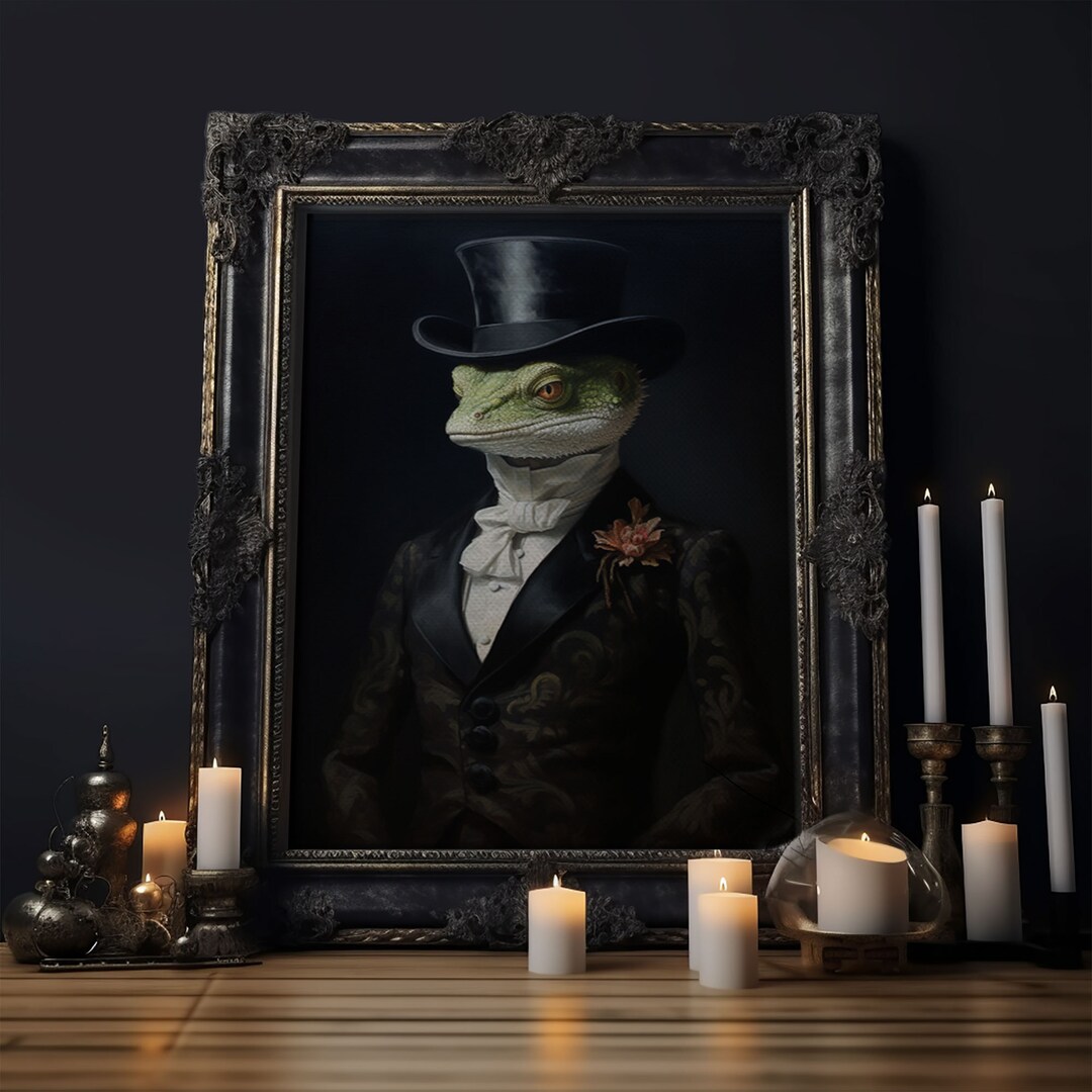 Dark Academia Victorian Gothic Gecko Art, Framed Canvas Print or Canvas ...