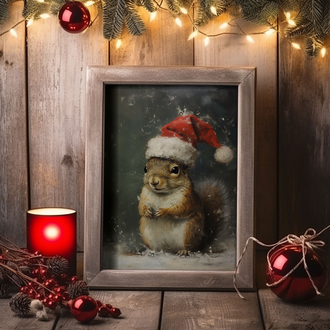 Cute Christmas Squirrel in A Santa Hat, Christmas Art, Christmas Decor ...