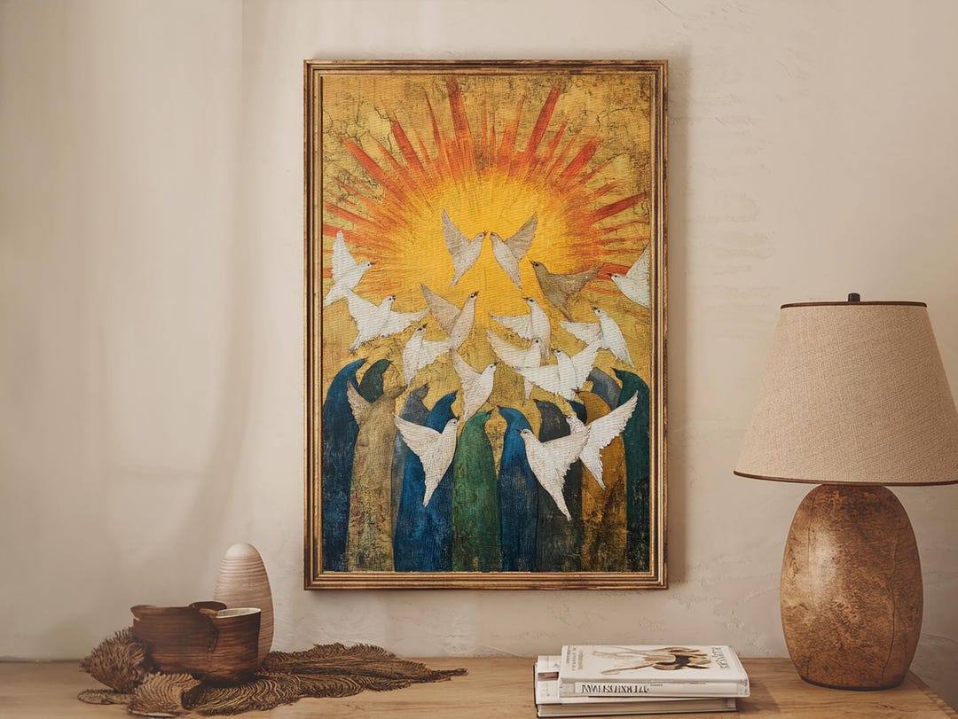 Pentecost Descent of the Holy Spirit Framed Canvas Print - Fiery ...