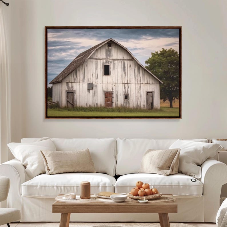 Rustic Farmhouse Wall Decor, White Barn Landscape Print, Farmhouse ...