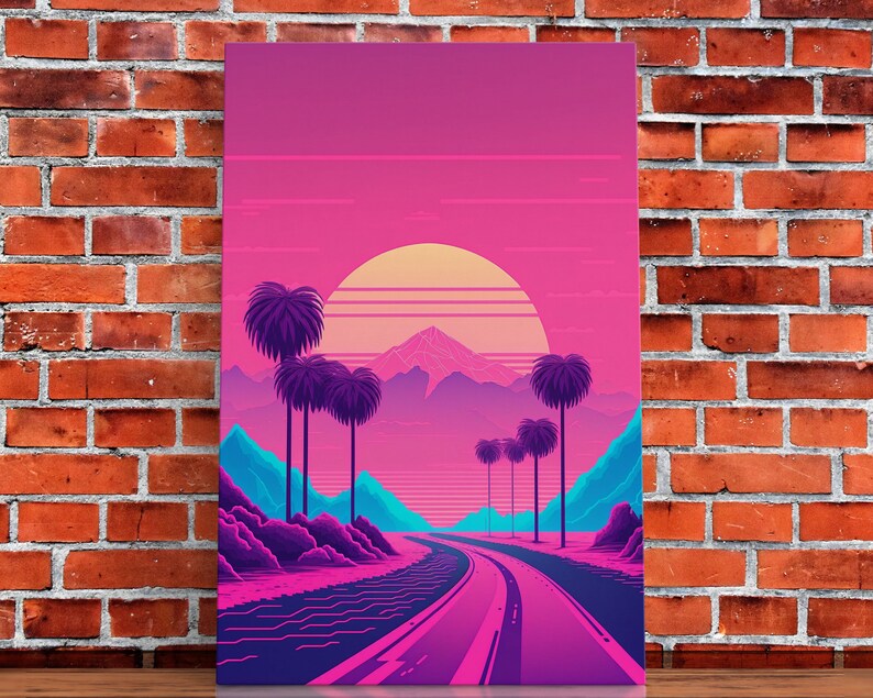 Retro Synthwave 80s Vibes Sunset Over the Mountains and Palm - Etsy
