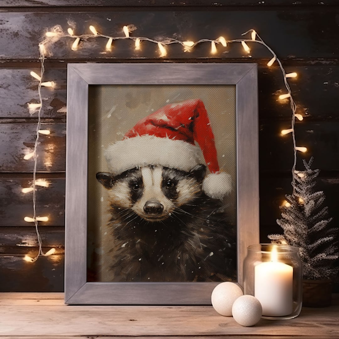 Cute Christmas Badger in A Santa Hat Christmas Art Christmas - Etsy