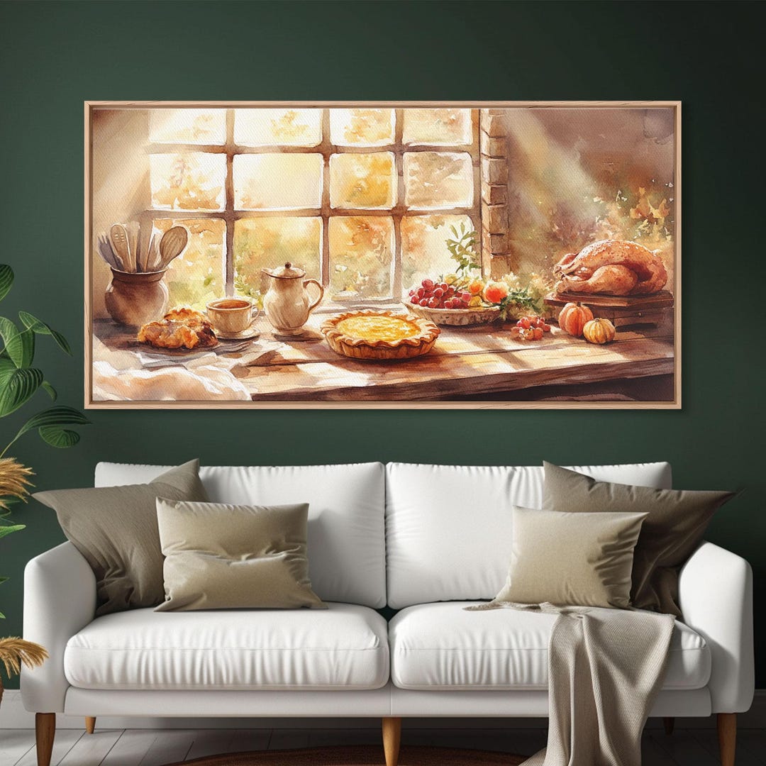 Thanksgiving Table Scene With Food, Pies and Fall Decor, Framed Canvas ...