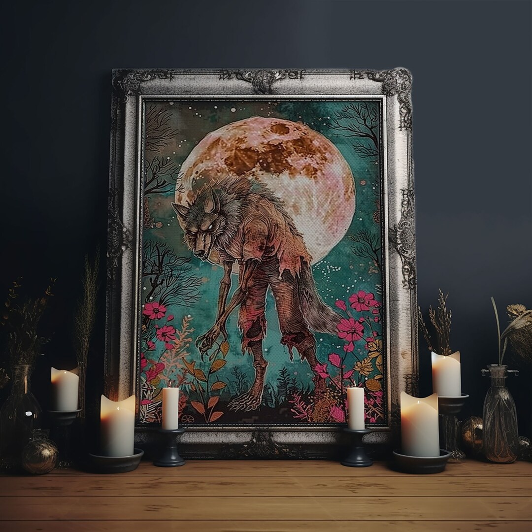 Werewolf Among Flowers and Full Moon Framed Canvas Print | Halloween ...
